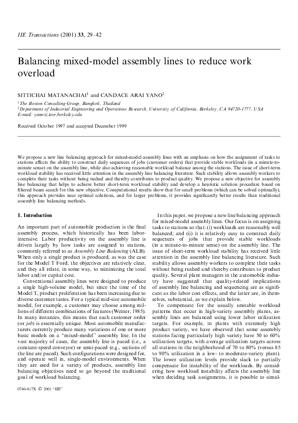 (PDF) Balancing mixed-model assembly lines to reduce work overload