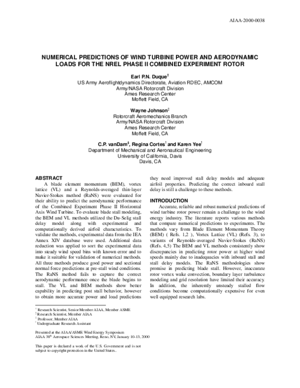 Pdf Numerical Predictions Of Wind Turbine Power And Aerodynamic Loads