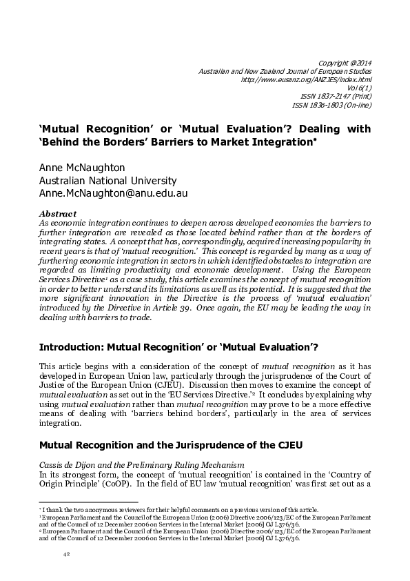 (PDF) ‘Mutual Recognition’ or ‘Mutual Evaluation’? Dealing with ‘Behind ...