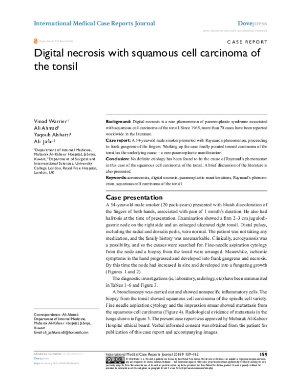 (PDF) Digital necrosis with squamous cell carcinoma of the tonsil