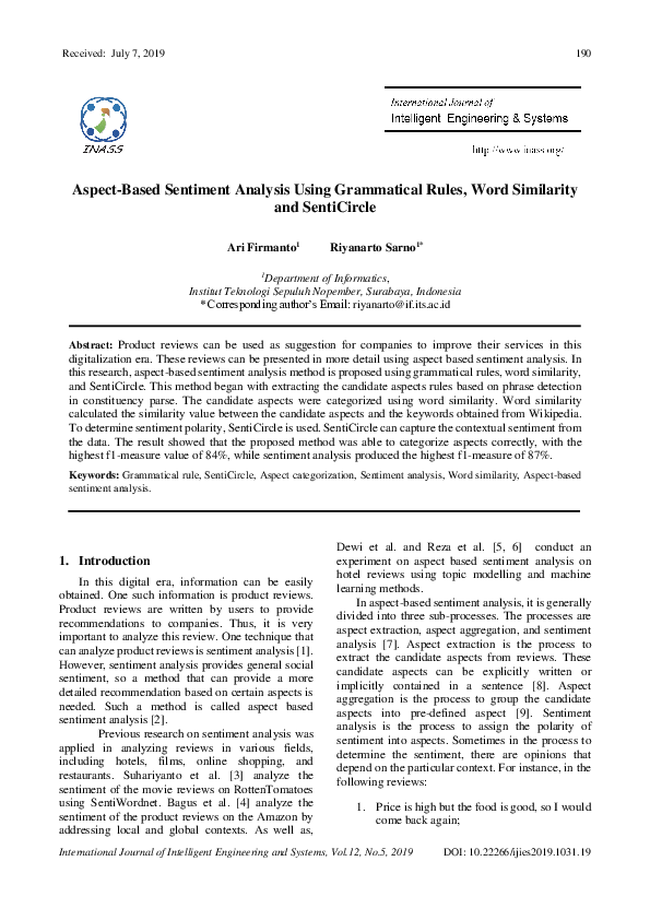 Pdf Aspect Based Sentiment Analysis Using Grammatical Rules Word Similarity And Senticircle