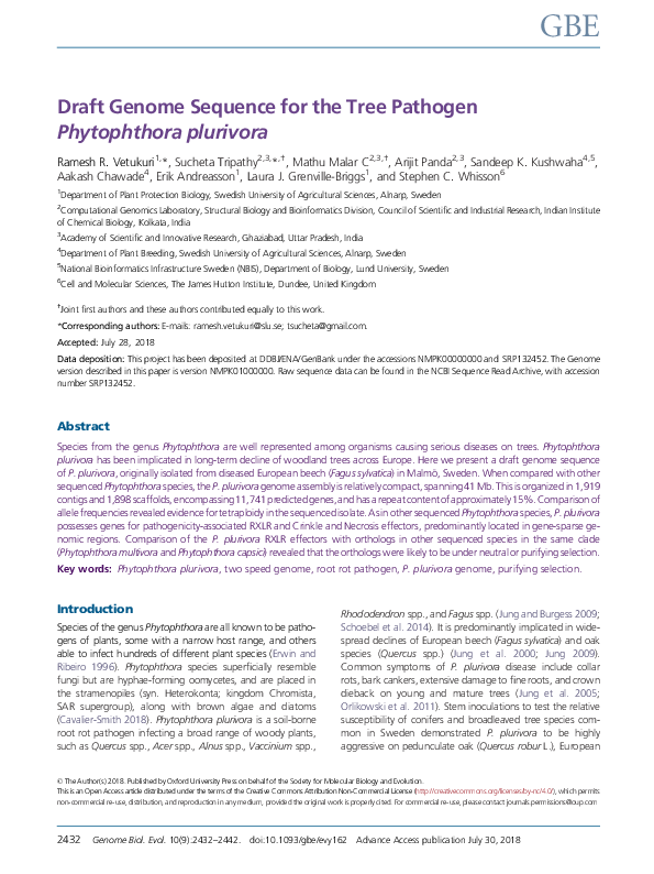 (PDF) Draft genome sequence for the tree pathogen Phytophthora plurivora