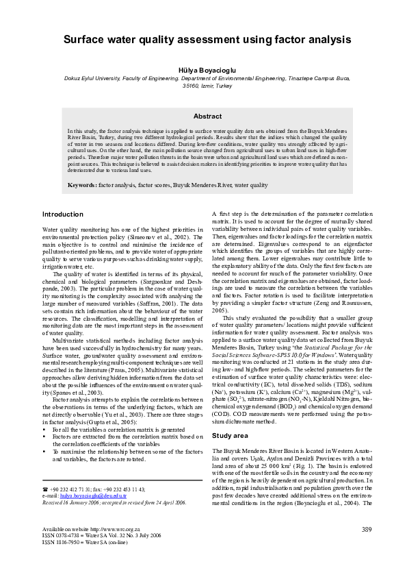 (PDF) Surface water quality assessment using factor analysis
