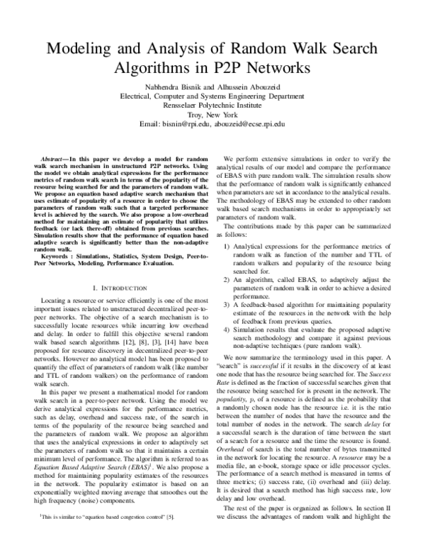 Pdf Modeling And Analysis Of Random Walk Search Algorithms In P2p