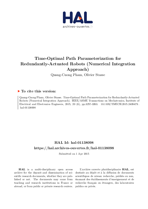 (PDF) Time-Optimal Path Parameterization for Redundantly Actuated ...