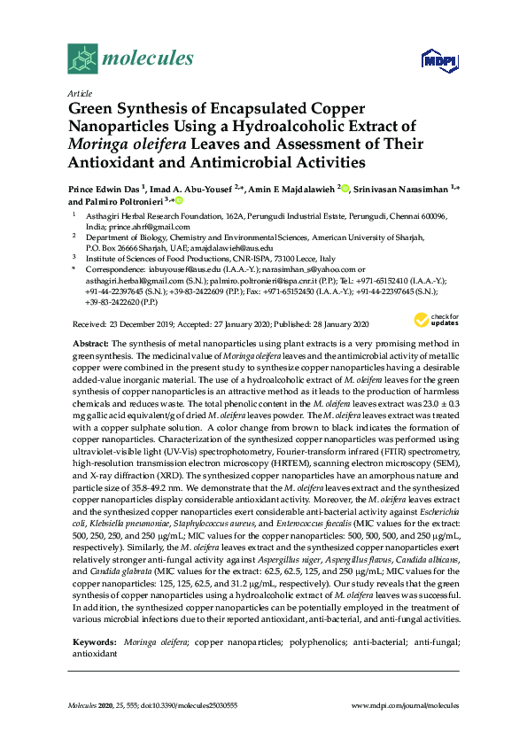 (PDF) Green Synthesis of Encapsulated Copper Nanoparticles Using a Hydroalcoholic Extract of ...
