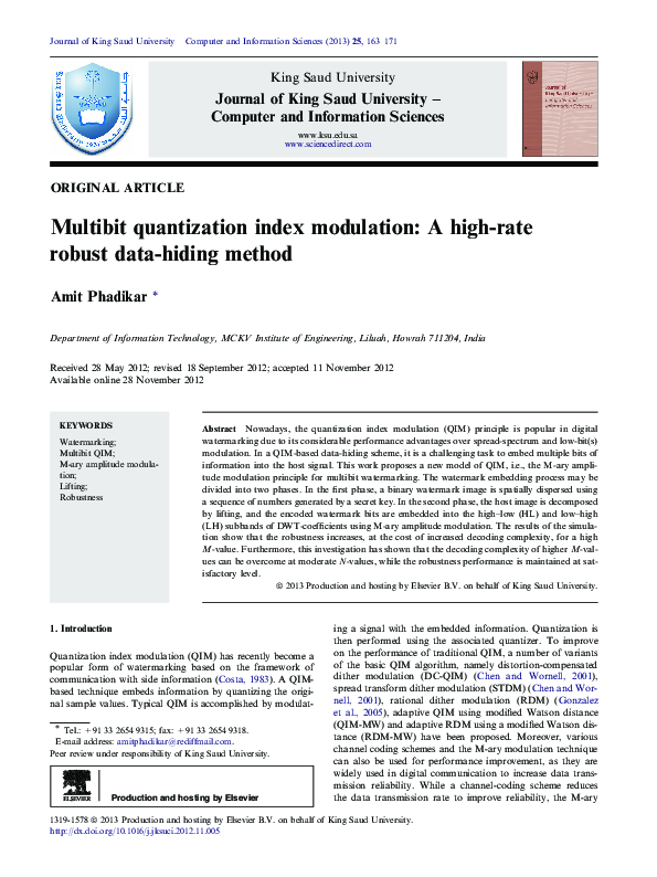 Pdf Multibit Quantization Index Modulation A High Rate Robust Data Hiding Method