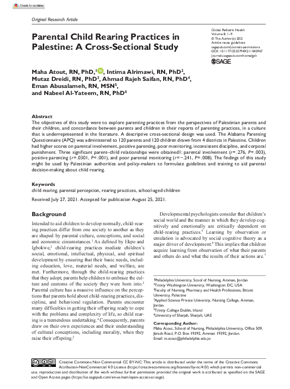 (PDF) Parental Child Rearing Practices in Palestine: A Cross-Sectional ...