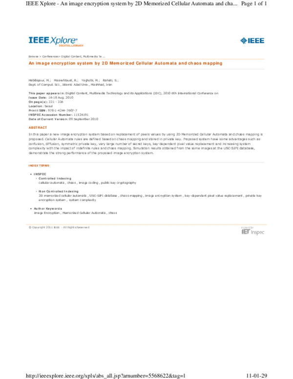 Pdf An Image Encryption System By 2d Memorized Cellular Automata And