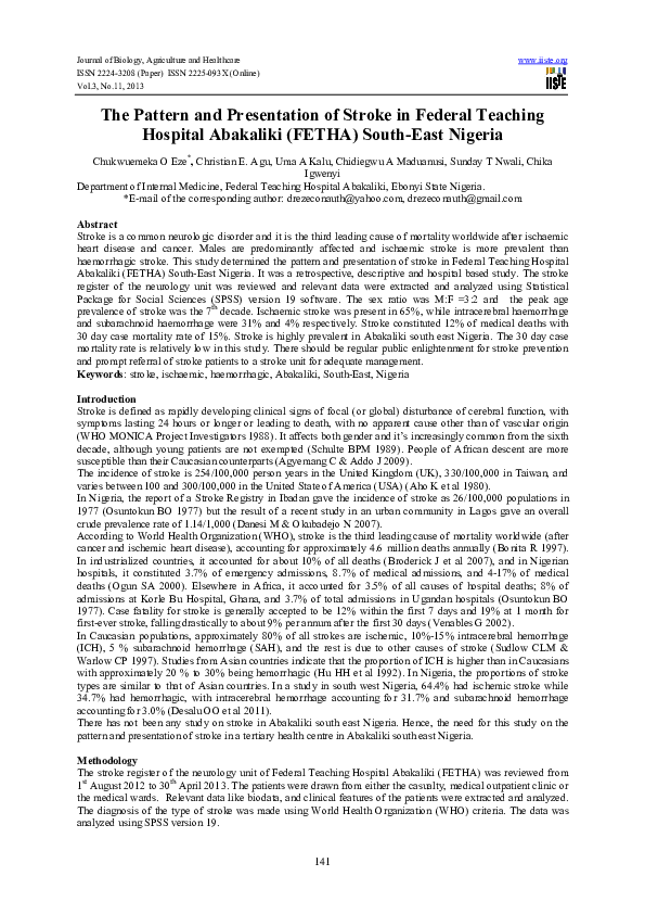 (PDF) The Pattern and Presentation of Stroke in Federal Teaching ...
