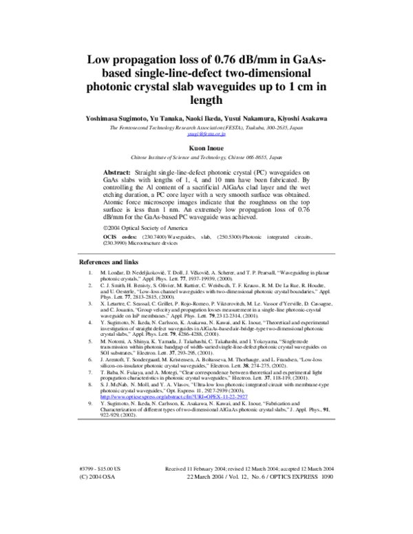(PDF) Low Propagation Loss of 0.76 DB/Mm In GaAs-Based Single-Line-Defect Two-Dimensional ...