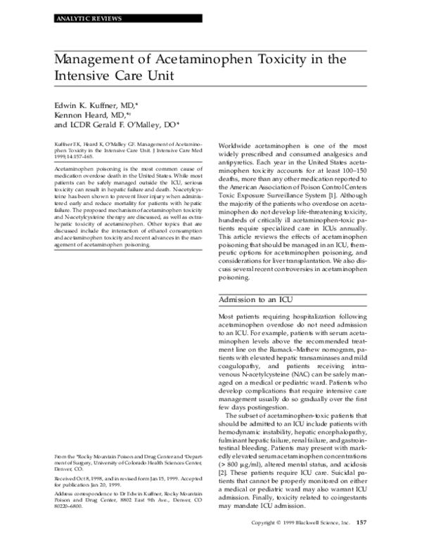 (PDF) Management of Acetaminophen Toxicity in the Intensive Care Unit