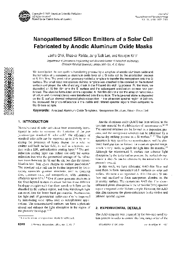(PDF) Nanopatterned Silicon Emitters of a Solar Cell Fabricated by ...