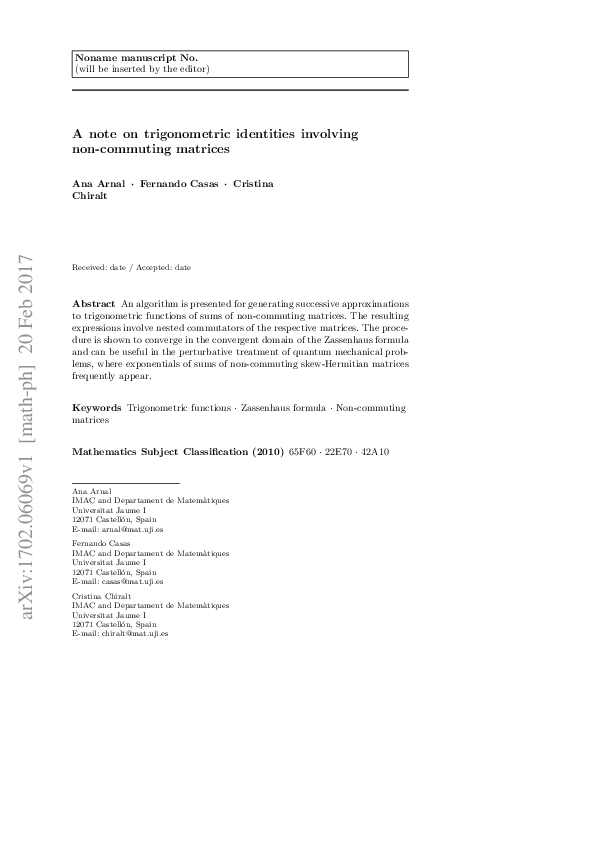 (PDF) A note on trigonometric identities involving non-commuting matrices