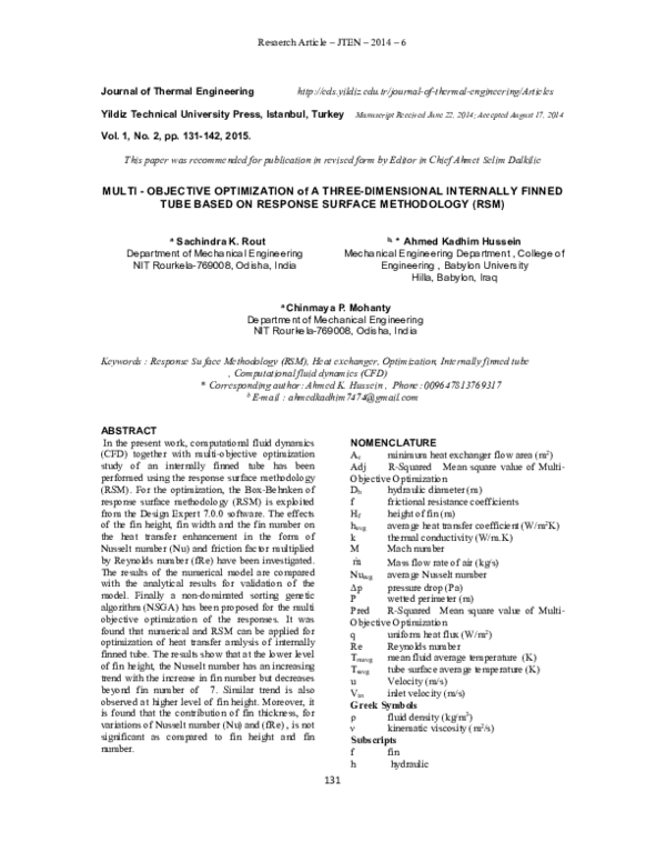 (PDF) Multi-objective optimization of a three-dimensional internally finned tube based on ...