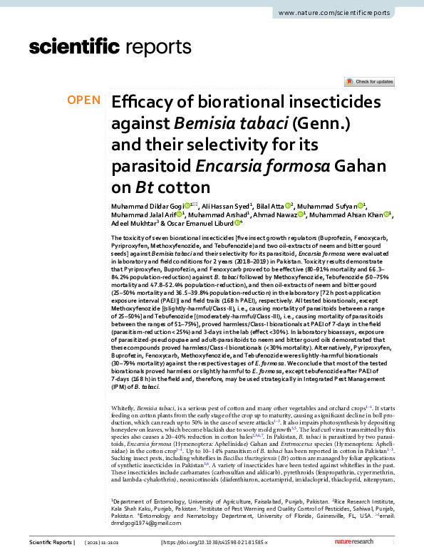 (PDF) Efficacy of biorational insecticides against Bemisia tabaci (Genn.) and their selectivity ...