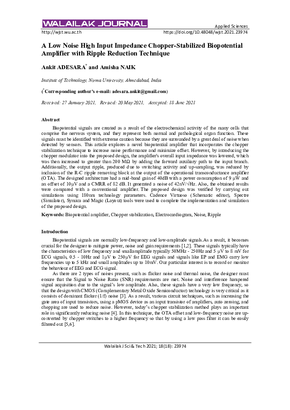 (PDF) A Low Noise High Input Impedance Chopper-Stabilized Biopotential Amplifier with Ripple ...
