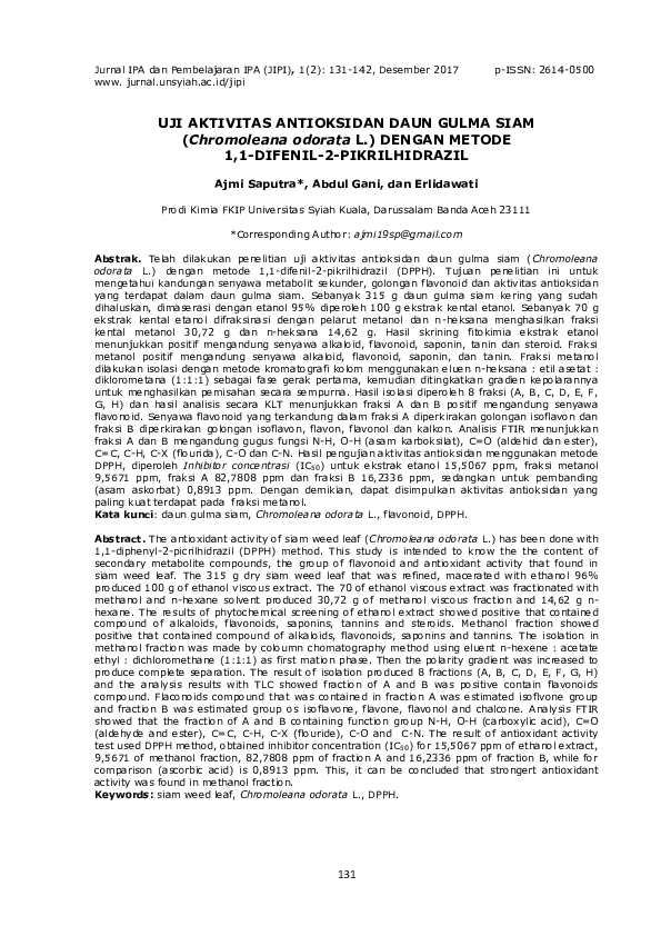 (PDF) UJI AKTIVITAS ANTIOKSIDAN DAUN GULMA SIAM (Chromoleana odorata L.) DENGAN METODE 1,1 ...