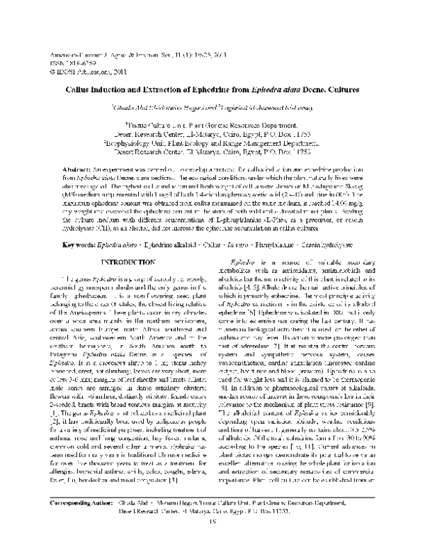 (PDF) Callus Induction and Extraction of Ephedrine from Ephedra alata Decne. Cultures