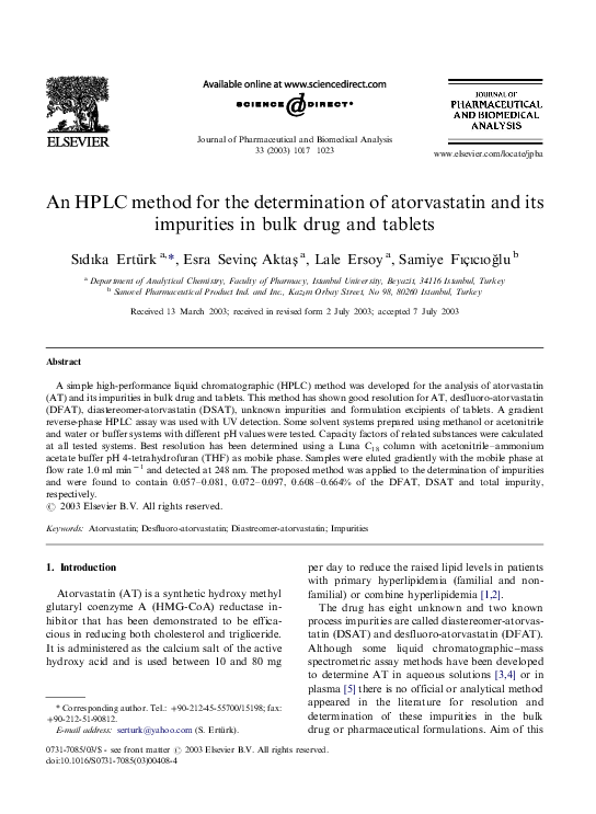 (PDF) An HPLC method for the determination of atorvastatin and its impurities in bulk drug and ...