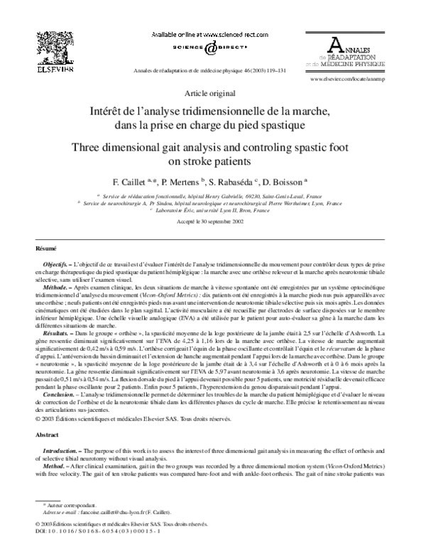 (PDF) Intérêt de l’analyse tridimensionnelle de la marche, dans la ...