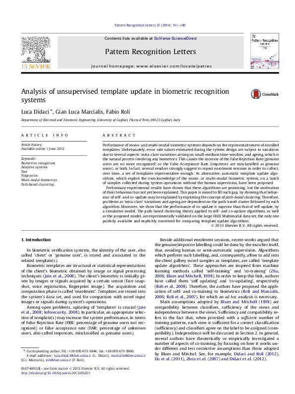 (PDF) Analysis of unsupervised template update in biometric recognition systems