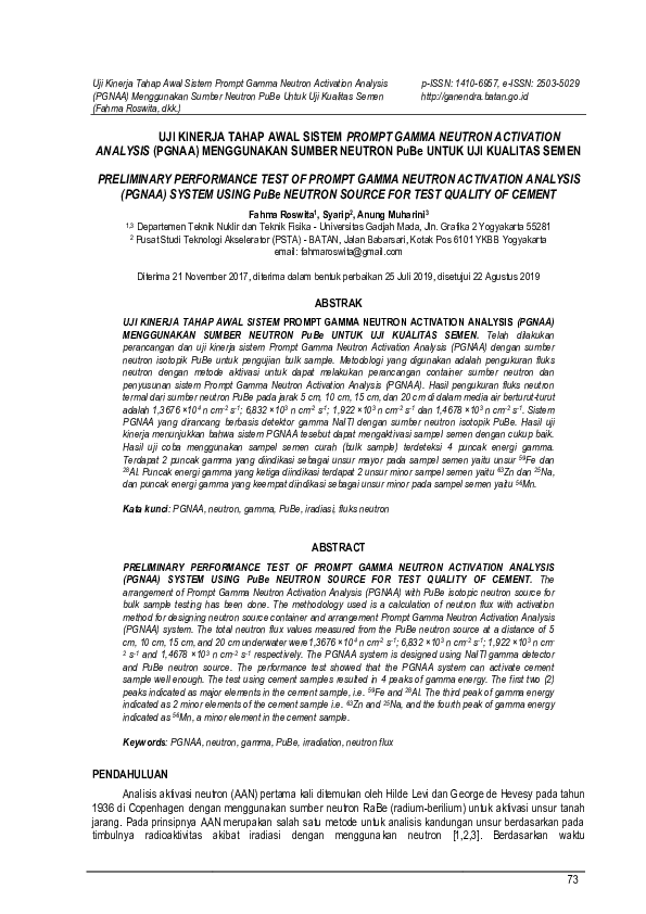 (PDF) UJI KINERJA TAHAP AWAL SISTEM PROMPT GAMMA NEUTRON ACTIVATION ANALYSIS (PGNAA) MENGGUNAKAN ...