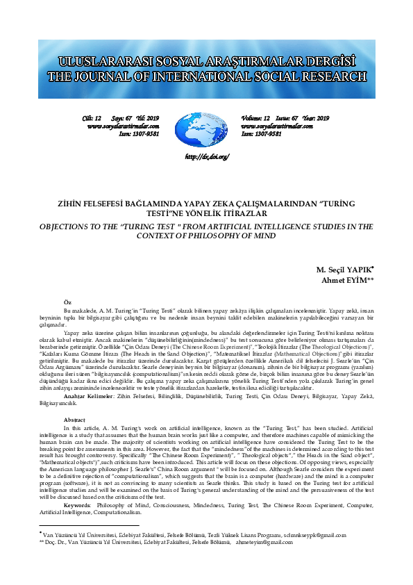 (PDF) OBJECTIONS TO THE "TURING TEST " FROM ARTIFICIAL INTELLIGENCE ...