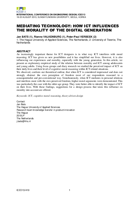 (PDF) Mediating technology: How ICT influences the morality of the digital generation | Jan Bats ...