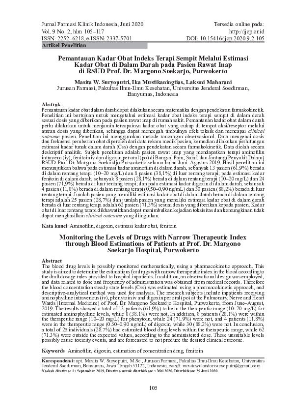(PDF) Pemantauan Kadar Obat Indeks Terapi Sempit Melalui Estimasi Kadar Obat di Dalam Darah pada ...