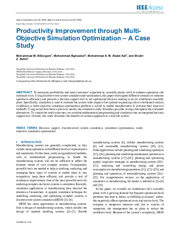 Pdf Productivity Improvement Through Multi Objective Simulation
