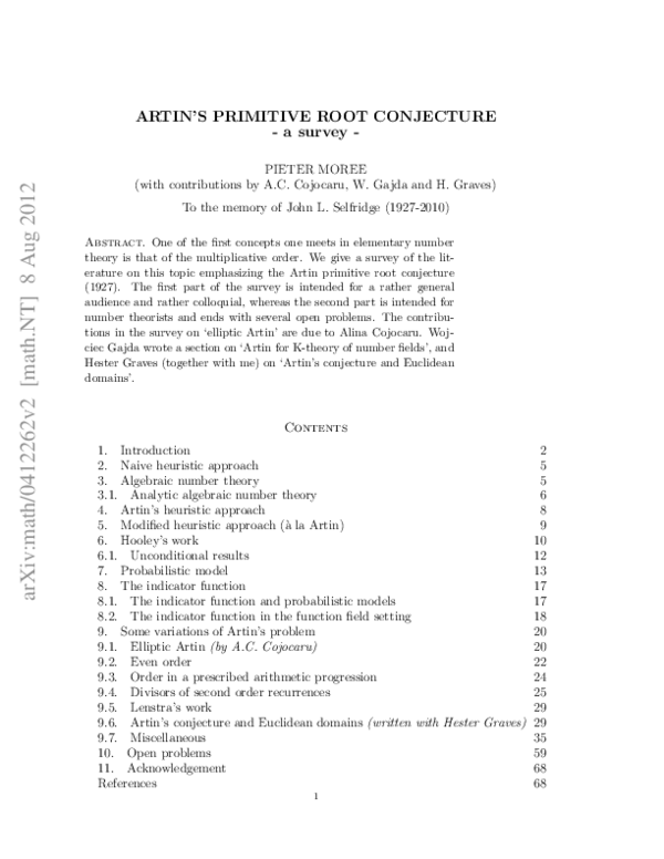 (PDF) Artin's Primitive Root Conjecture – A Survey