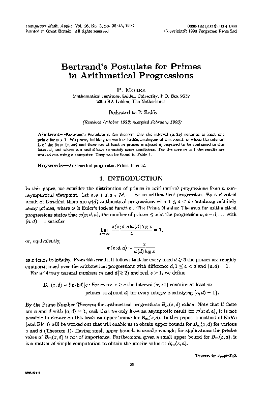 (PDF) Bertrand's Postulate for primes in arithmetical progressions