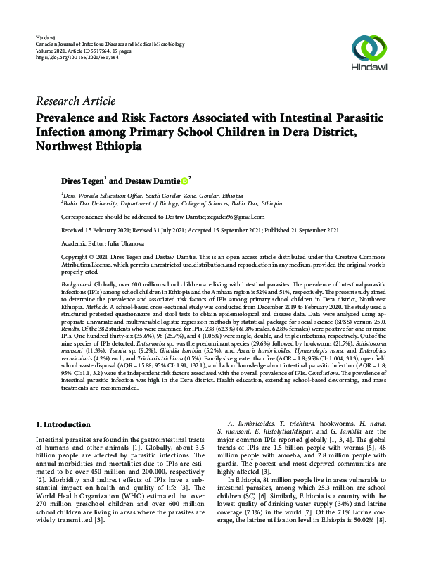(PDF) Prevalence and Risk Factors Associated with Intestinal Parasitic ...