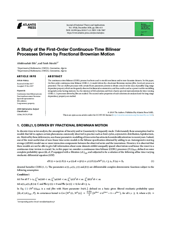 (PDF) A Study of the First-Order Continuous-Time Bilinear Processes ...