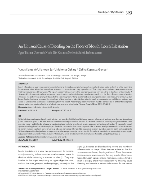(PDF) An Unusual Cause of Bleeding on the Floor of Mouth: Leech Infestation