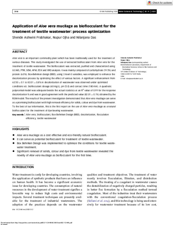 (PDF) Application of Aloe vera mucilage as bioflocculant for the ...