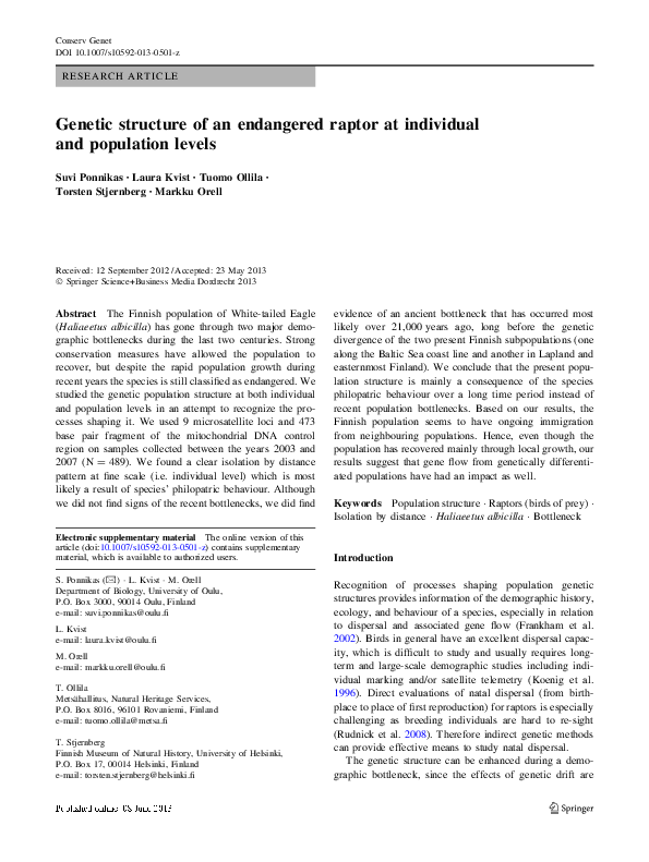 (PDF) Genetic structure of an endangered raptor at individual and ...