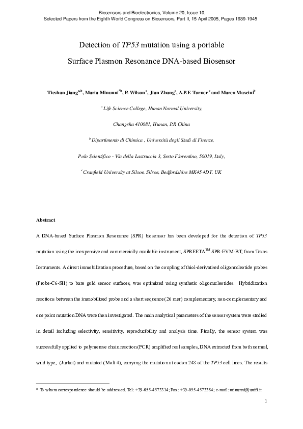 (PDF) Detection of TP53 mutation using a portable surface plasmon resonance DNA-based biosensor