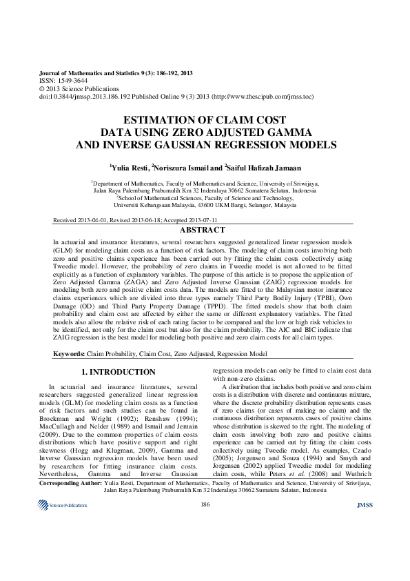 (PDF) Estimation of Claim Cost Data Using Zero Adjusted Gamma and Inverse Gaussian Regression Models