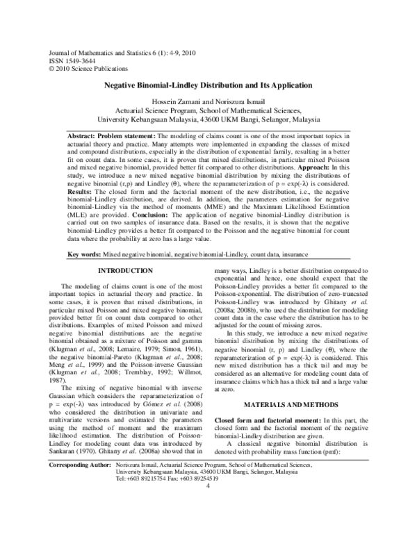 (PDF) Negative Binomial-Lindley Distribution and Its Application