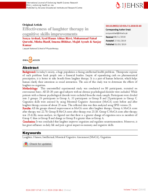 (PDF) Effectiveness of laughter therapy in cognitive skills improvements