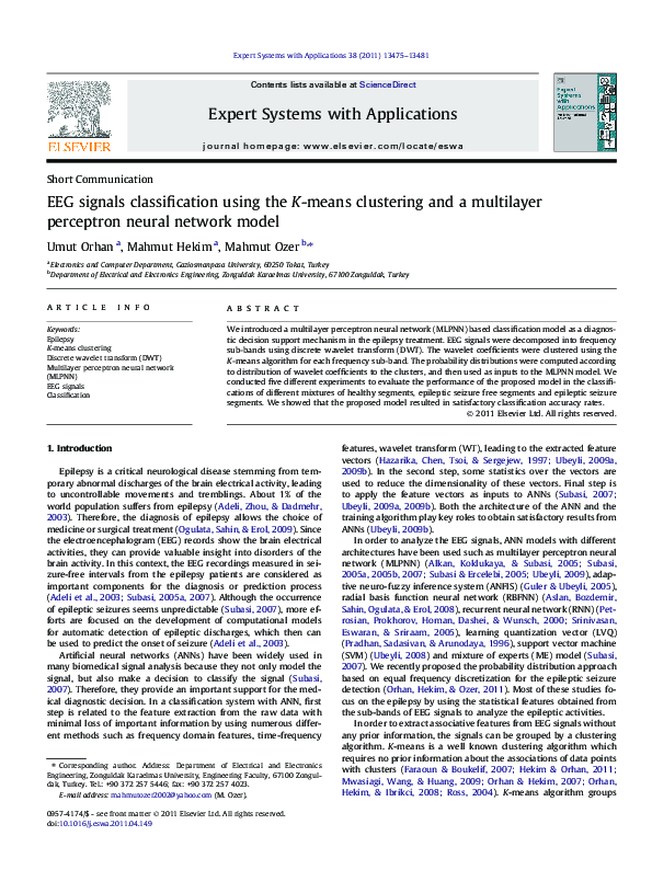 Pdf Eeg Signals Classification Using The K Means Clustering And A Multilayer Perceptron Neural