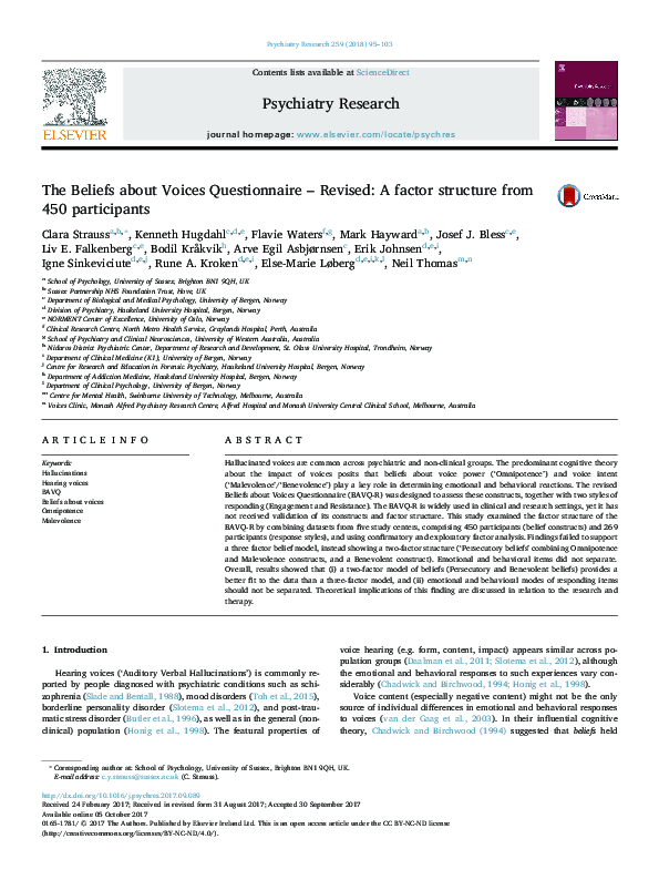 (PDF) The Beliefs about Voices Questionnaire - Revised: A factor ...