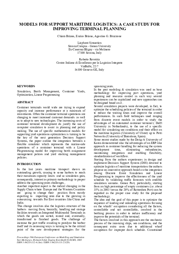 (PDF) Models for support maritime logistics: a case study for improving Terminal Planning