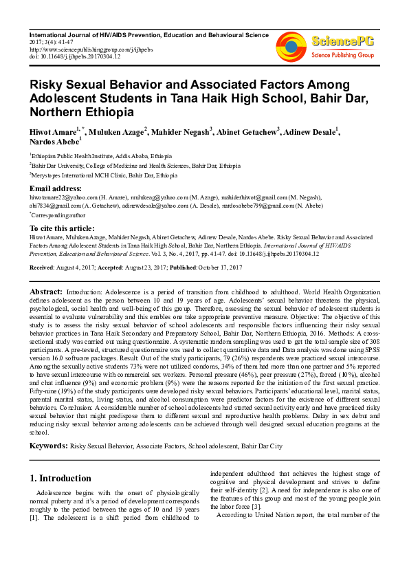 (PDF) Risky Sexual Behavior and Associated Factors Among Adolescent Students in Tana Haik High ...