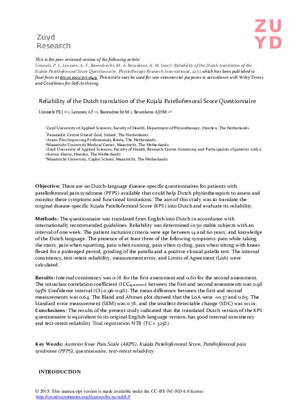 (PDF) Reliability of the Dutch translation of the Kujala Patellofemoral ...