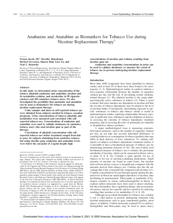 (PDF) Anabasine and anatabine as biomarkers for tobacco use during ...