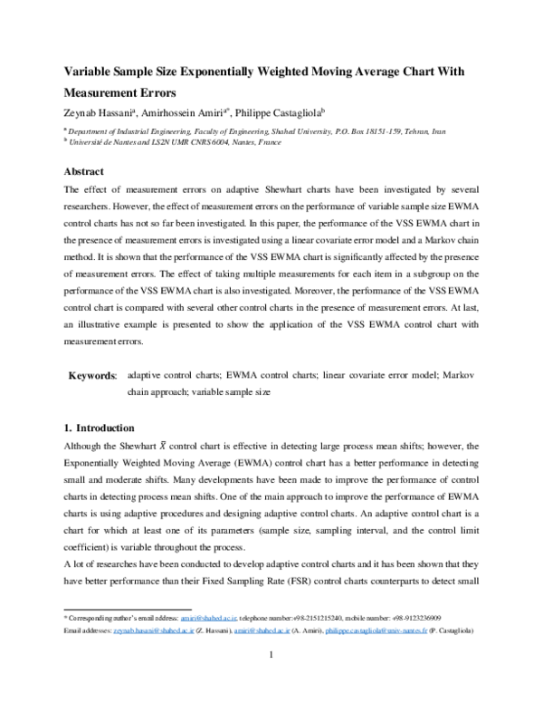 (PDF) Variable Sample Size EWMA Chart With Measurement Errors