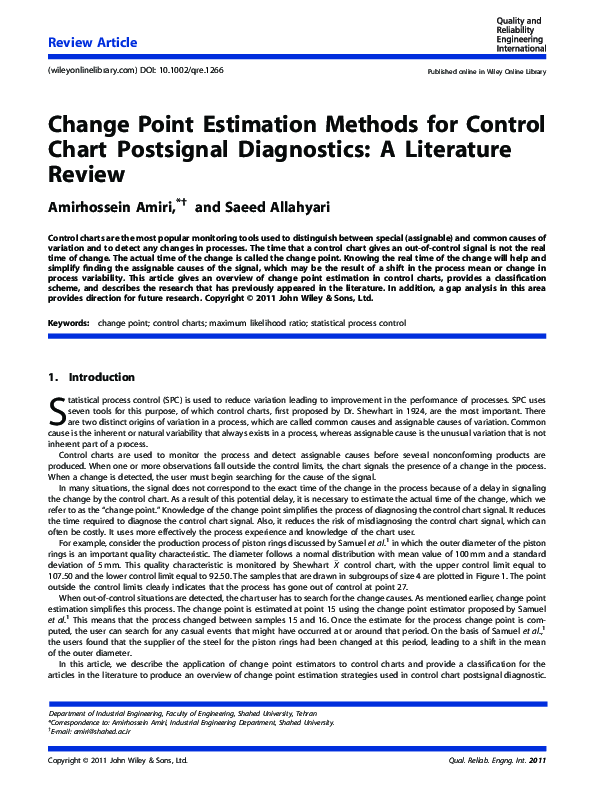 (PDF) Change point estimation methods for control chart postsignal ...
